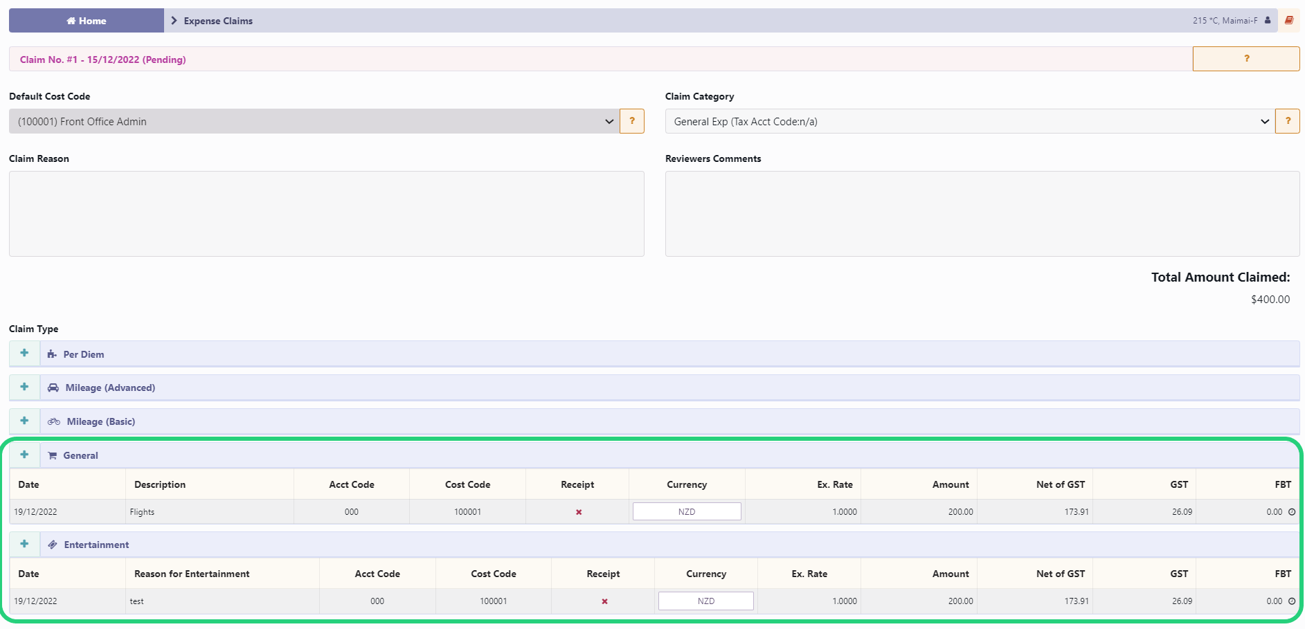 Expense Claim Types / Settings